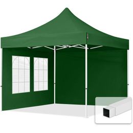 3x3 m Faltpavillon, economy Stahl 30mm, Seitenteile mit Sprossenfenstern, dunkelgrün - dunkelgrün