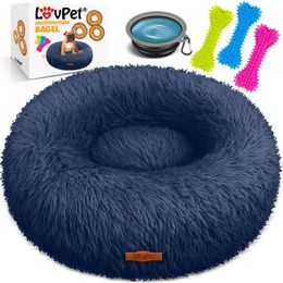 Hundebett Hundekissen Katzenbett Bagel Waschbar Inkl. Napf + 3x Kauknochen Hundesofa flauschig Kissen Rund aus Plüsch für Kleine Navyblau / xl (70 x