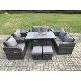 Fimous - 8-Sitzer Rattan Gartenmöbel Set Outdoor Propan Gas Feuergrube Tisch und Sofa Stuhl Set mit 2 Beistelltische 2 Kleine Fußhocker