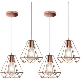 Axhup - Pendelleuchte Vintage Retro Metall Kronleuchter im Ø20cm Diamant-form, Antik Industrielle Hängelampe mit Käfig E27 Fassung Rosegold 4PCS