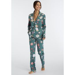 Lascana Pyjama mehrfarbig Gr. 32/34 für Damen. V-Ausschnitt und Tunnelzug, Allover-Druck, Piping. Gerade. Nachhaltig.