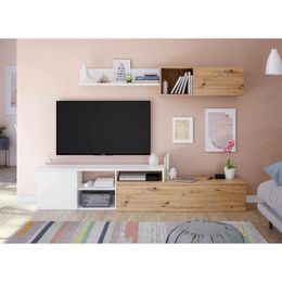 Einbaufertige Wand Miami, TV-Ständer für Wohnzimmer, Wohnzimmerkomposition mit Wohnwand und Regal, cm 220x40h44, Asteffekt Eiche und Weiß