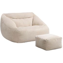 Sitzsack cozy mit Hocker - Stoff: Samt Cord, Farbe: Beige - Maße: 100 x 88 x 80 cm, inkl. Füllung i Sitzmöbel Bean Bag Sitzsäcke - Home Deluxe