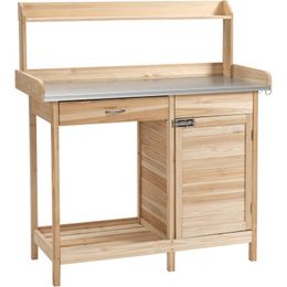 Outsunny Pflanztisch mit verzinkter Arbeitsplatte Gärtnertisch mit Schublade Schrank Garten Arbeitstisch Massivholz Natur 112 x 45 x 125 cm - Naturholz