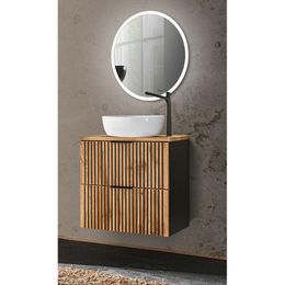 Lomadox - Waschplatz Set mit Waschtisch Unterschrank 60 cm, led Spiegel rund XANTEN-56 in anthrazit mit Eiche Nb. schwarz gerillt, b/h/t: