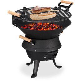 Grillfass Gusseisen, höhenverstellbarer Grillrost, Belüftung, Fassgrill für Holzkohle, hbt 40x45x36cm, schwarz - Relaxdays