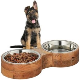 Hundenapfbar, für Hunde, 2 Edelstahlnäpfe, je 2,2l Volumen, HxBxT: 8 x 48 x 22 cm, Futterbar, natur/silber - Relaxdays