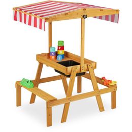 Kindersitzgruppe, Sitzbank mit Spieltisch, Sonnenschutz, Outdoor, Holz Matschküche hbt 110 x 65 x 83 cm, natur - Relaxdays