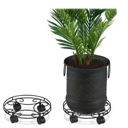 Pflanzenroller, 2er Set, rund, innen & außen, Bremse, Rolluntersetzer für Blumentopf bis 28cm, Metall, schwarz - Relaxdays