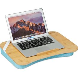 Laptopkissen, Bambus, Memory Foam Kissen, BxT: 51 x 36 cm, Tragegriff, Kissentablett Bett & Sofa, natur/blau - Relaxdays