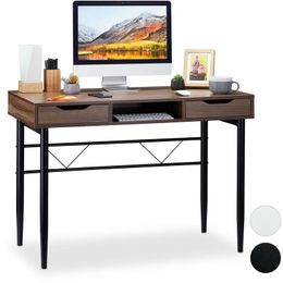 Schreibtisch mit Schubladen und Ablage, modern, Metallgestell, Büroschreibtisch hbt 77x110x55cm, braun-schwarz - Relaxdays