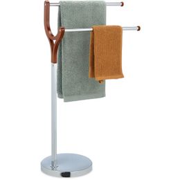 Relaxdays Handtuchhalter stehend, Handtuchständer mit 2 Stangen, für Hand- & Badetücher, Metall und MDF, silber/braun
