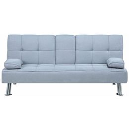 Beliani 3-Sitzer Sofa Hellgrau Stoffbezug Gesteppt mit Schlaffunktion Integriertem Tisch Klapparmlehne Modern Skandi Wohnzimmer Schlafsofa Sofabett