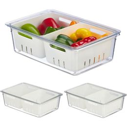 Relaxdays - Kühlschrank Organizer, 3er Set, stapelbar, 2 Abtropfkörbe, Lebensmittel Organizer mit Deckel, transparent/weiß