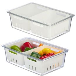 Kühlschrank Organizer, 2er Set, stapelbar, 2 Abtropfkörbe, Lebensmittel Organizer mit Deckel, transparent/weiß - Relaxdays