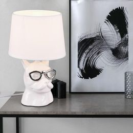 etc-shop Tischlampe Nachttischlampe Keramik für Schlafzimmer Esszimmerlampe Tischleuchte Modern, Hund mit Brille chrom weiß, Textil, 1x E14 Fassung, DxH 18x29