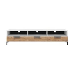 Selsey - rikke - TV-Lowboard / TV-Tisch mit 3 offenen und 3 geschlossenen Fächern, 160 cm breit (Weiß Matt / Wotan Eiche Matt ohne led)