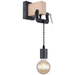 etc-shop - Wandleuchte hängend Wandlampe aus Holz mit Schraubzwinge schwarz, 1x E27, Textilkabel schwarz, 14x28x15cm, Flur Schlafzimmer Treppenhaus