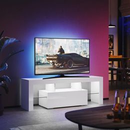 Tv Board Weiß 130cm breit mit 12 Led Farben Beleuchtung Glasböden Hochglanz Fernsehschrank mit Schranktüren - Sonni