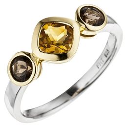Schmuck Krone Silberring Ring gelber Citrin zwischen Rauchquarzen 925 Silber Gelbgold vergoldet bicolor