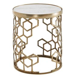 KADIMA DESIGN Beistelltisch "Alba", Marmorstruktur, goldfarbenes Metallgestell, 44 cm Durchmesser