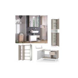 VICCO Badmöbel-Set Arianna Greige Weiß, modernes Design, Badezimmer Spiegelschrank Waschtischunterschrank Wandregal Hochschrank