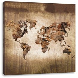 Pixxprint Leinwandbild Weltkarte auf altem Holz