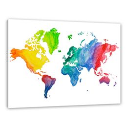Pixxprint Leinwandbild Bunte Weltkarte in Aquarell-Farben