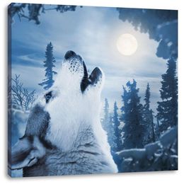 Pixxprint Leinwandbild Wolf vor Mondlicht