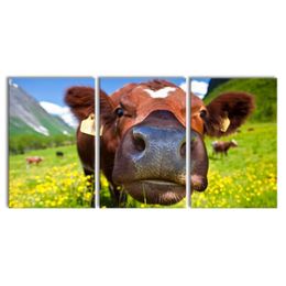 Pixxprint Leinwandbild Alpen Wiese Kuh Nutztier Stall Milch