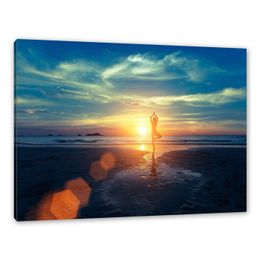 Pixxprint Leinwandbild Yoga Silhouette am Strand
