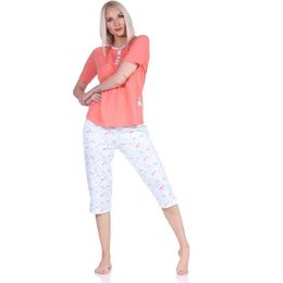 Normann Pyjama Damen Capri kurzarm Schlafanzug mit Flamingo Motiv