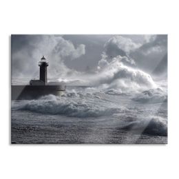 Pixxprint Glasbild Sturmwellen Leuchtturm Portugal