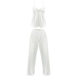 DKaren Schlafanzug Damen Satin Schlafanzug Lang Pyjama Zweiteiler Spaghettiträger -Iga- (Set)