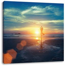 Pixxprint Leinwandbild Yoga Silhouette am Strand
