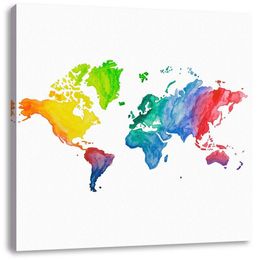 Pixxprint Leinwandbild Bunte Weltkarte in Aquarell-Farben