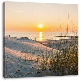 Pixxprint Leinwandbild Dünenblick auf Meer bei Sonnenuntergang