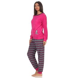 Normann Pyjama Damen Frottee Schlafanzug mit Bündchen und süsser Bär-Applikation