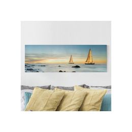 Bilderdepot24 Leinwandbild Strand Natur Modern Segelschiffe Ozean blau Bild auf Leinwand XXL