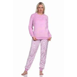 Normann Pyjama Damen langarm Schlafanzug mit Bündchen aus Coralfleece im Animal Look