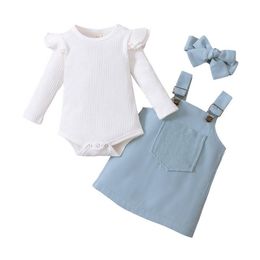 Lapastyle 2-in-1-Kleid 3-tlg Baby-Overall + Hosenträgerrock + Stirnband Elegantes süßes Baby-Set in kontrastfarben