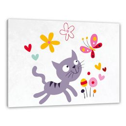 Pixxprint Leinwandbild Katze mit Schmetterling und Blumen