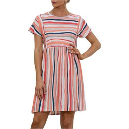 FIDDY Blusenkleid Sommerkleid Damen Midi Kleid Rundhals Kurzarm Blusenkleid Streifen