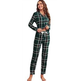 ZWY Pyjama Damen Slim-Fit-Loungewear mit Karomuster und Knöpfen(2 tlg.