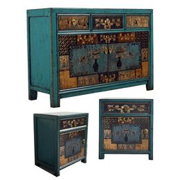 OPIUM OUTLET Schlafzimmer-Set Vintage Asia Kommode mit 2 passenden Nachtschränkchen