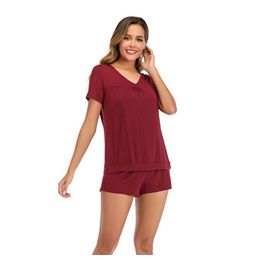 jalleria Hausanzug Damen Pyjama Schlafanzug Shorty Set V-Kragen Bequemer Pyjama