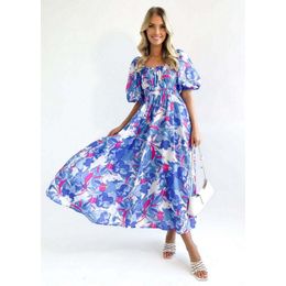 RUZU UG Midikleid Bedrucktes langes Sommerkleid für Damen mit quadratischem Ausschnitt