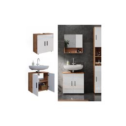 VICCO Waschtischunterschrank Waschbeckenunterschrank Irma Eiche Wei&szlig; Hochglanz modern 60x59 cm Badezimmer Schrank Badschrank Badkommode Badm&ouml;bel 2 T&uuml;ren