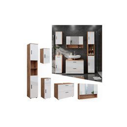 VICCO Badm&ouml;belset Irma Eiche Wei&szlig; Hochglanz modern 80 cm 30 cm Badezimmerschrank Badschrank Badezimmerm&ouml;bel Waschtischunterschrank Spiegelschrank Hochschrank Midischrank H&auml;ngeschrank T&uuml;r Schublade