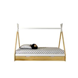 Vipack Tipi Zelt Bett Liegefläche 90 x 200 cm, inkl. Rolllattenrost und Bettschublade (Natur), Ausf. Kiefer massiv natur/weiß